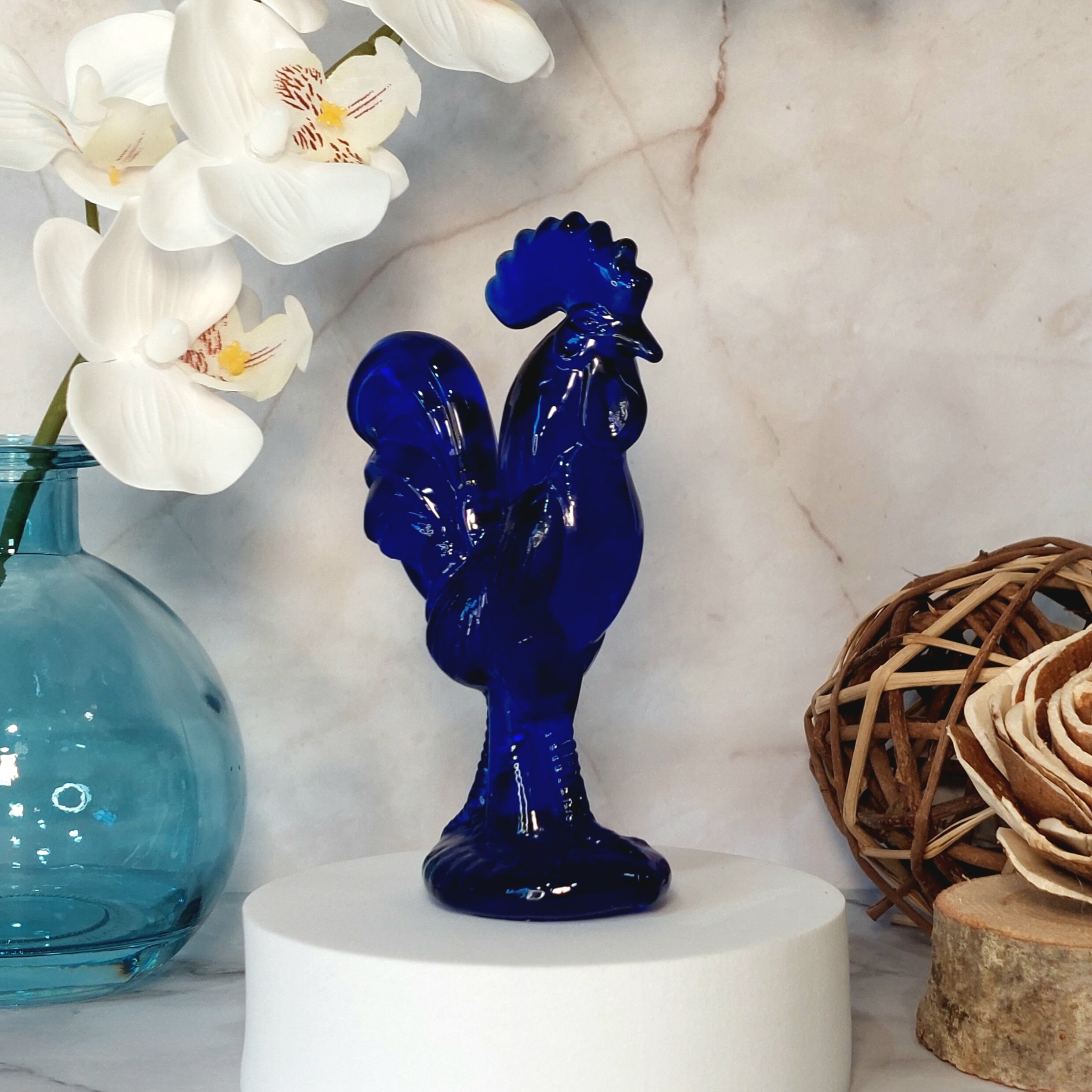 Cobalt Blue Depression Style Glass Rooster Chicken Figurine, Vintage ...