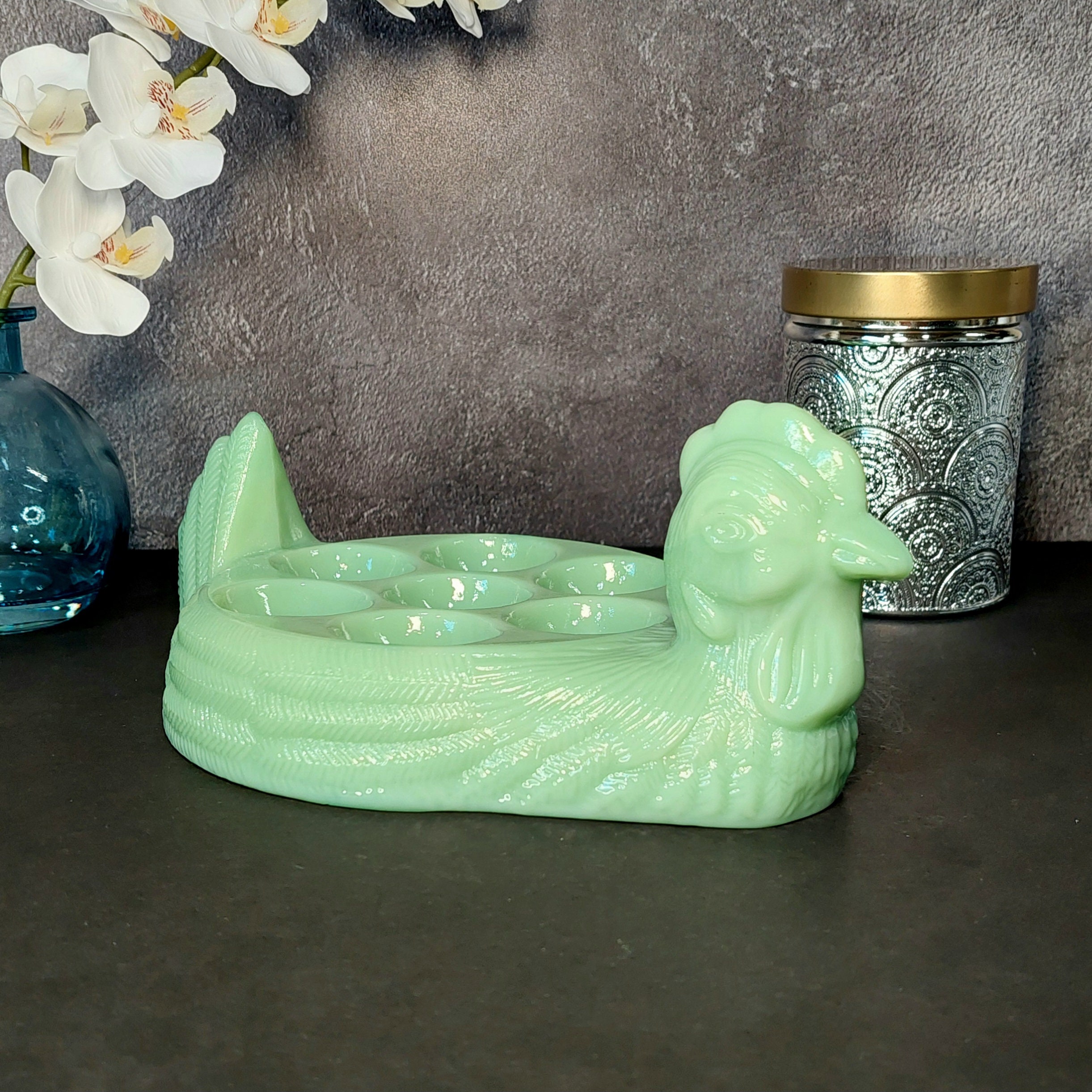 Jadeite Depression Style Glass Rooster Chicken Deviled Egg Plate Dish ...