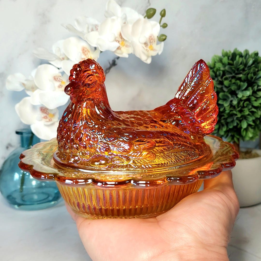 Carnival Glass Depression Style Chicken Hen on Nest Candy Dish ...