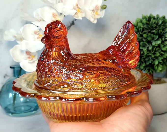 Carnival Glass Depression Style Chicken Hen on Nest Candy Dish ...
