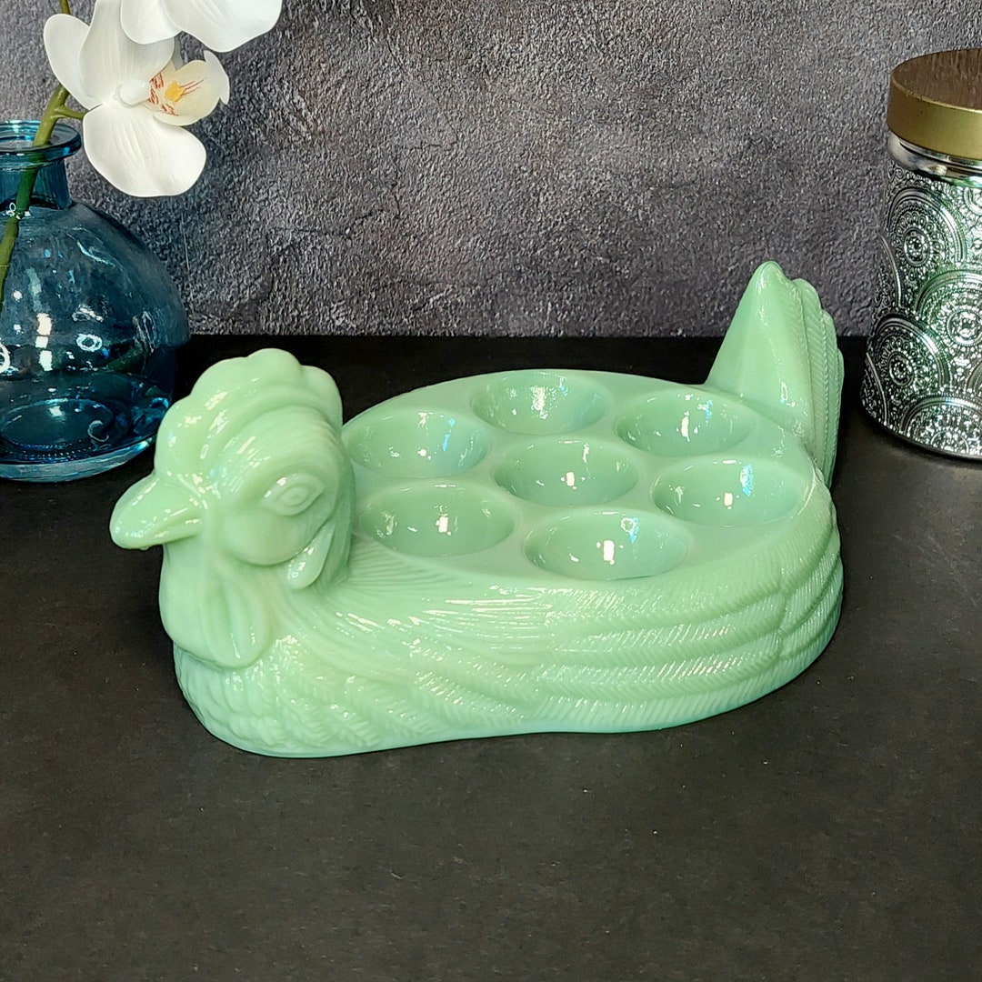 Jadeite Depression Style Glass Rooster Chicken Deviled Egg Plate Dish ...