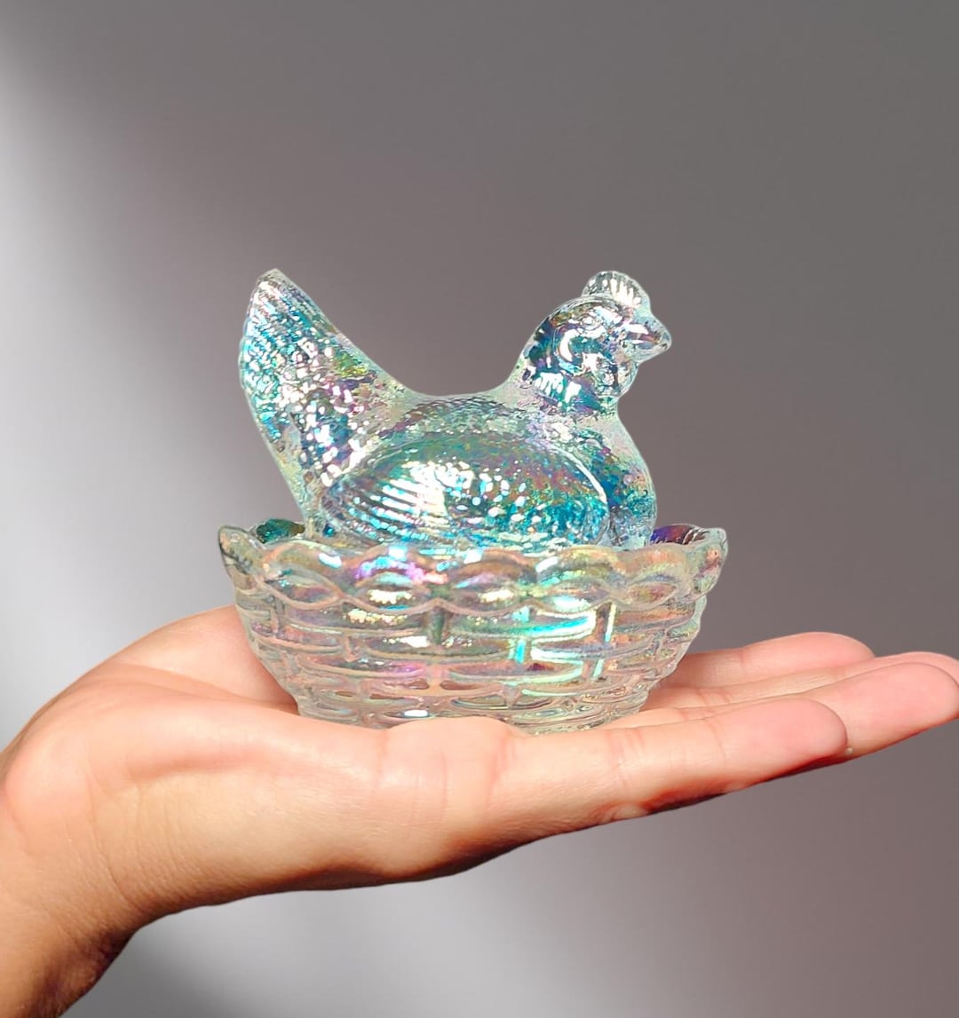 Carnival Glass Hen on Nest Chicken Candy Dish, Vintage Farmhouse ...