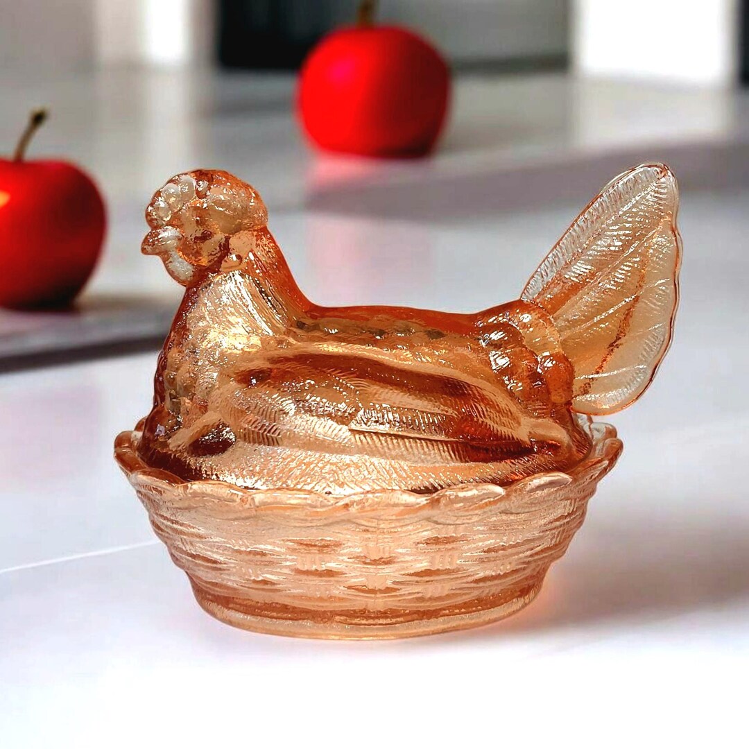 Pink Amber Depression Style Glass Hen on Nest Chicken Covered Candy ...