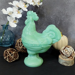 Jadeite Depression Style Glass Rooster Chicken Covered Candy Dish With ...