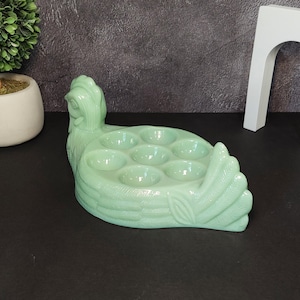 Jadeite Depression Style Glass Rooster Chicken Deviled Egg Plate Dish ...
