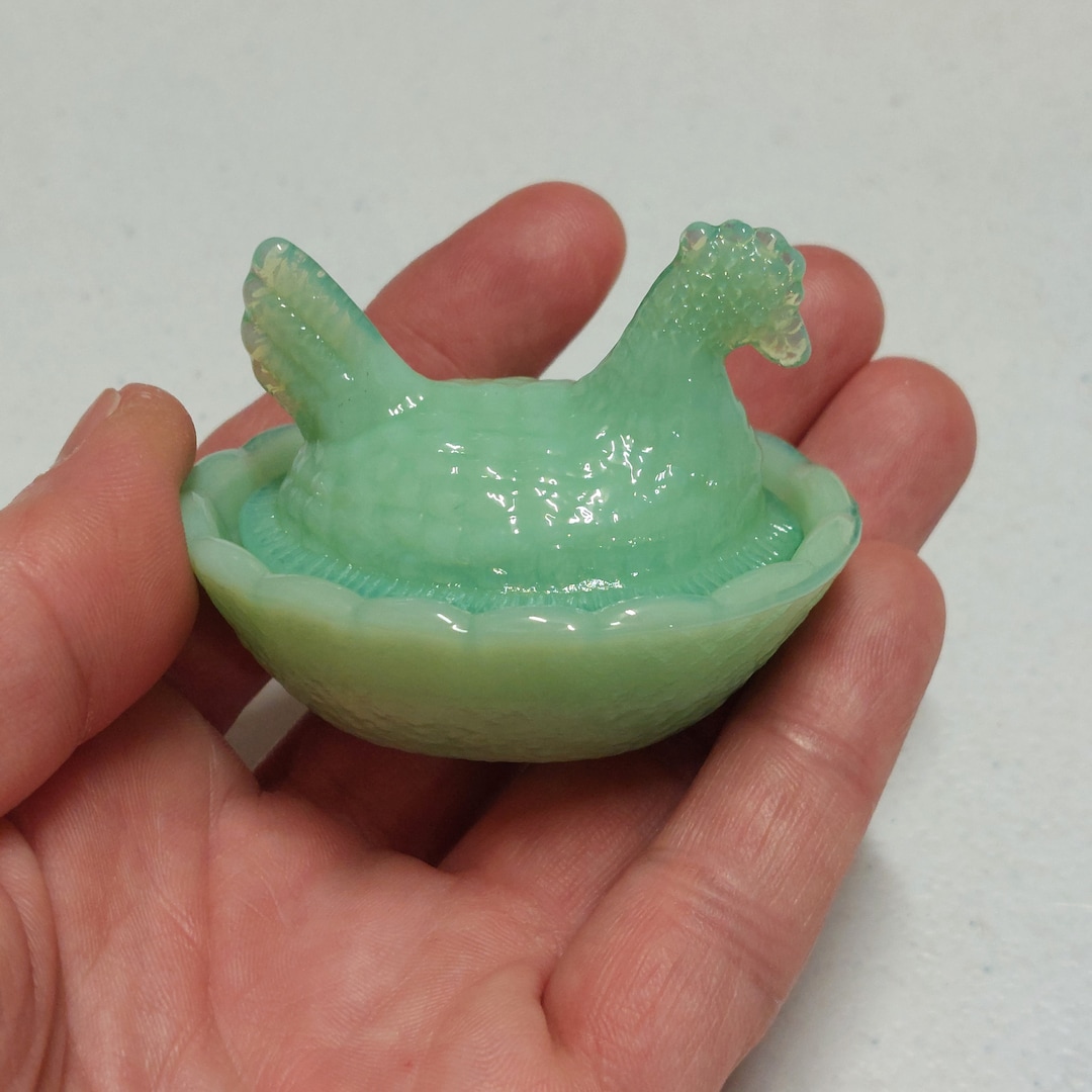 Jadeite Glass Hen on Nest Chicken Salt Cellar Dip Dish - Vintage ...