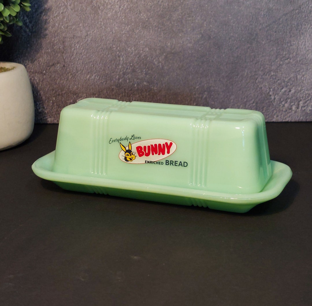 Jadeite Green Depression Style Glass Bunny Bread Covered Butter Dish ...