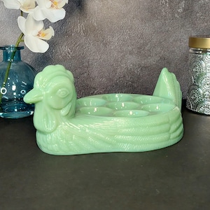 Jadeite Depression Style Glass Rooster Chicken Deviled Egg Plate Dish ...