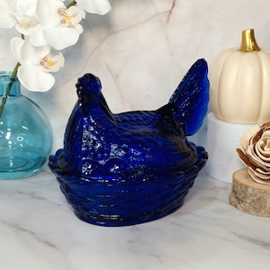 Cobalt Blue Depression Style Glass Nesting Chicken Hen Nest Candy Dish ...