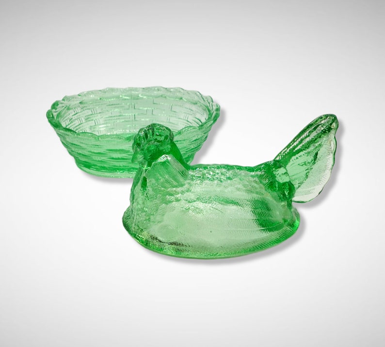 Green Depression Style Glass Hen on Nest Covered Candy Dish W/ - Etsy