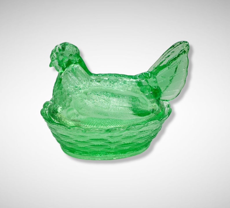 Green Depression Style Glass Hen on Nest Covered Candy Dish W/ - Etsy