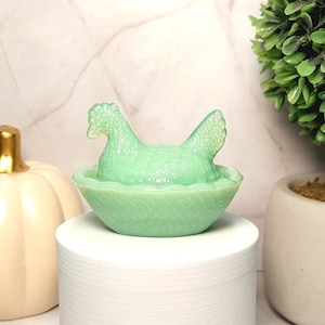 Jadeite Glass Hen on Nest Chicken Salt Cellar Dip Dish - Vintage Style ...