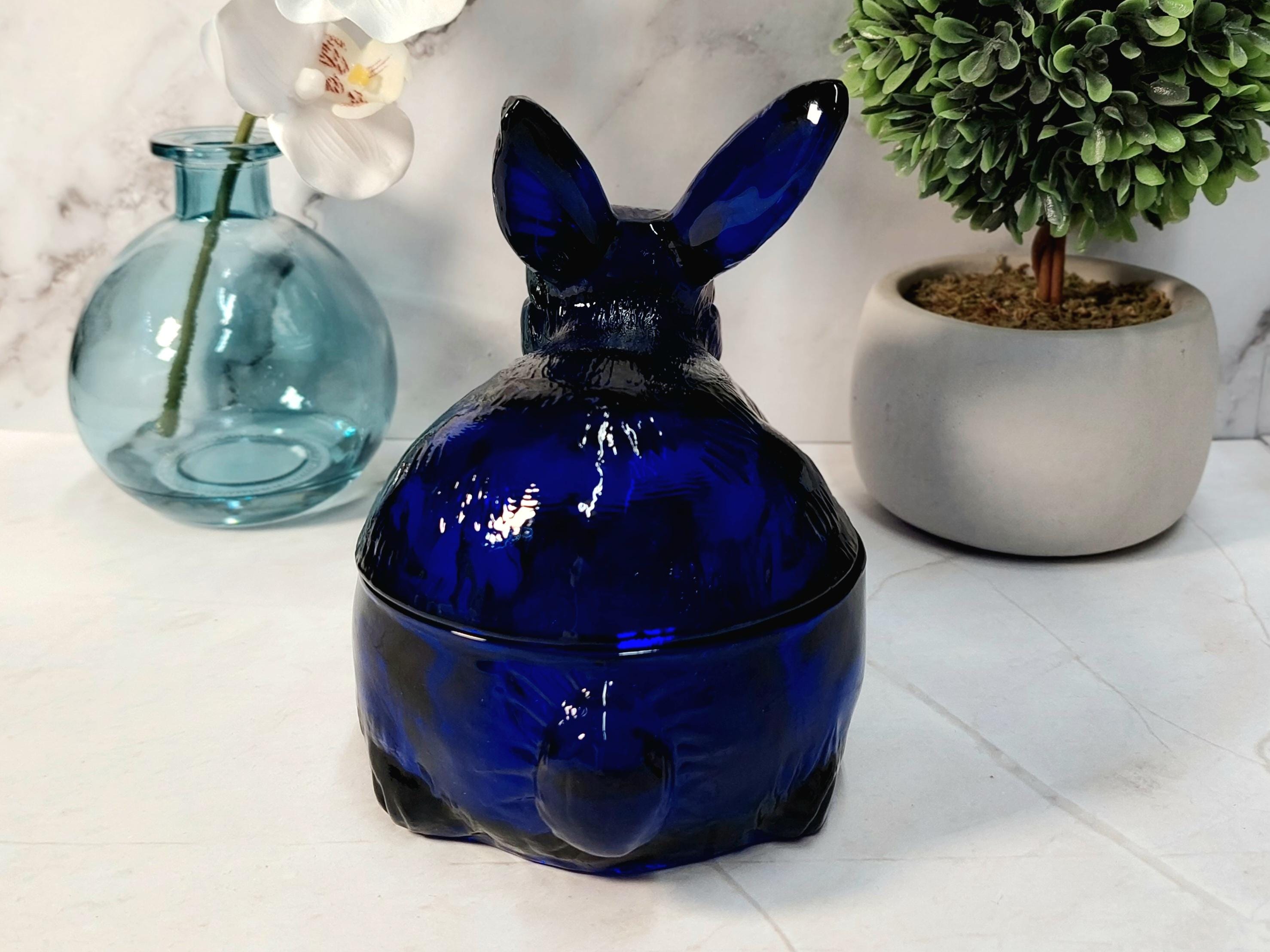 Cobalt Blue Glass Bunny Rabbit Candy Dish With Lid, Vintage Style ...