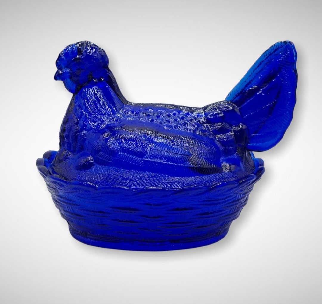 Cobalt Blue Depression Style Glass Nesting Chicken Hen Nest Candy Dish ...
