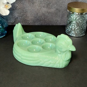 Jadeite Depression Style Glass Rooster Chicken Deviled Egg Plate Dish ...