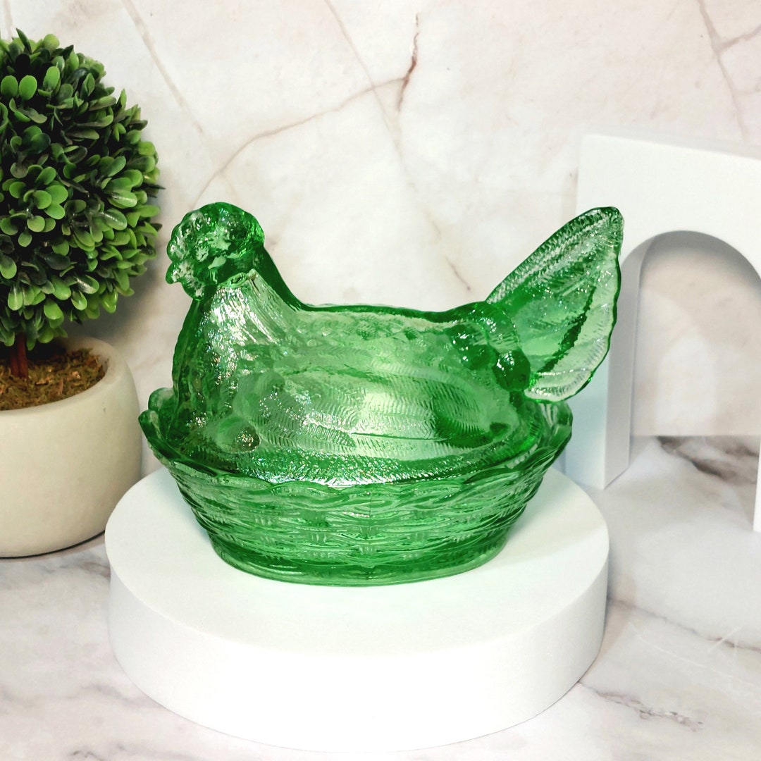 Green Depression Style Glass Hen on Nest Covered Candy Dish, Vintage ...