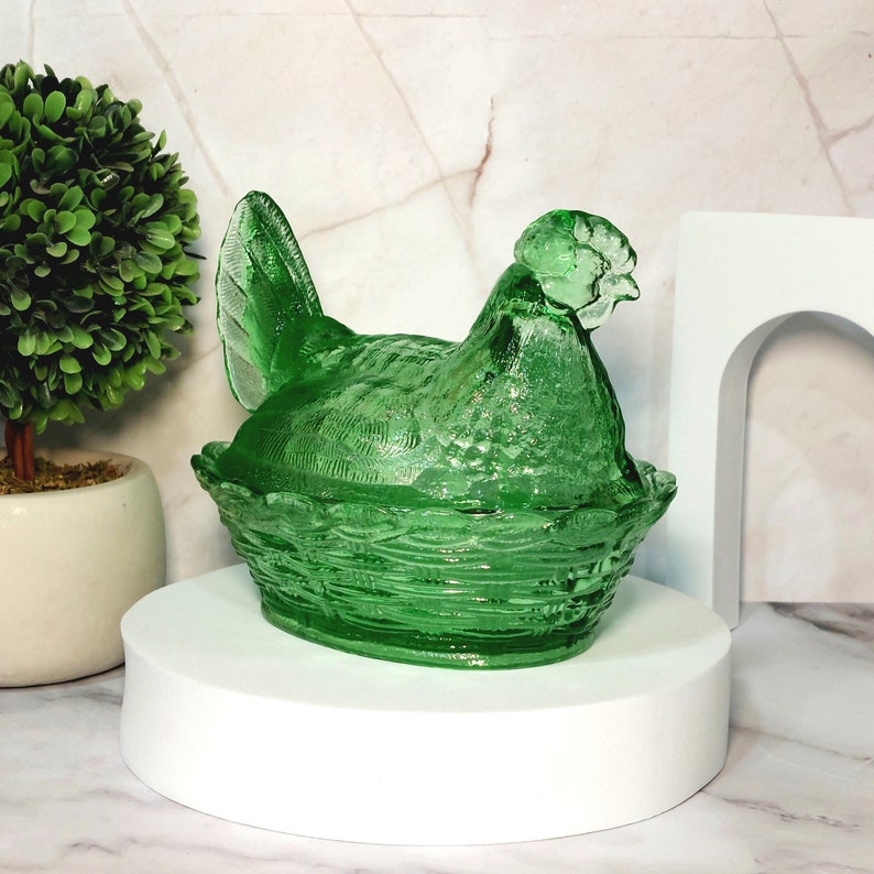 Green Depression Style Glass Hen on Nest Covered Candy Dish, Vintage ...