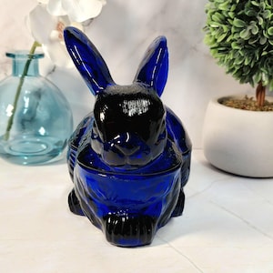 Cobalt Blue Glass Bunny Rabbit Candy Dish With Lid, Vintage Farmhouse ...