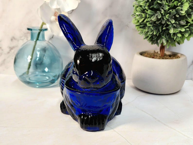 Cobalt Blue Glass Bunny Rabbit Candy Dish With Lid, Vintage Style ...