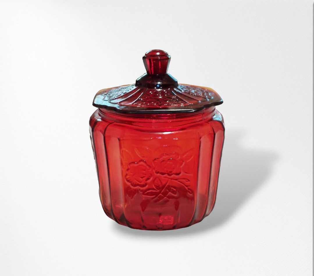 Vintage Ruby Red Amberina Depression Style Glass Mayfair Rose Biscuit ...