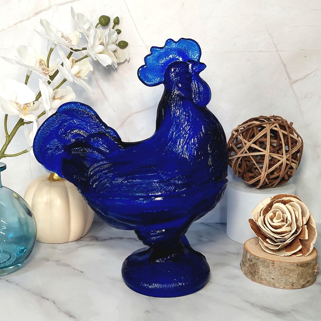 Cobalt Blue Depression Style Glass Rooster Chicken Covered Candy Dish ...