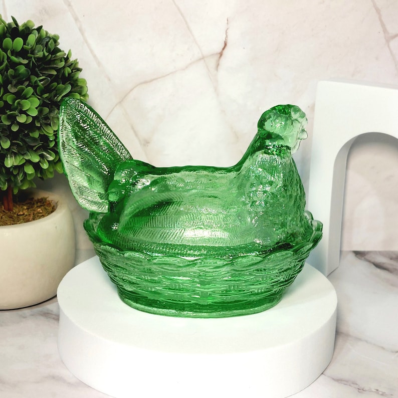 Green Depression Style Glass Hen on Nest Covered Candy Dish, Vintage ...