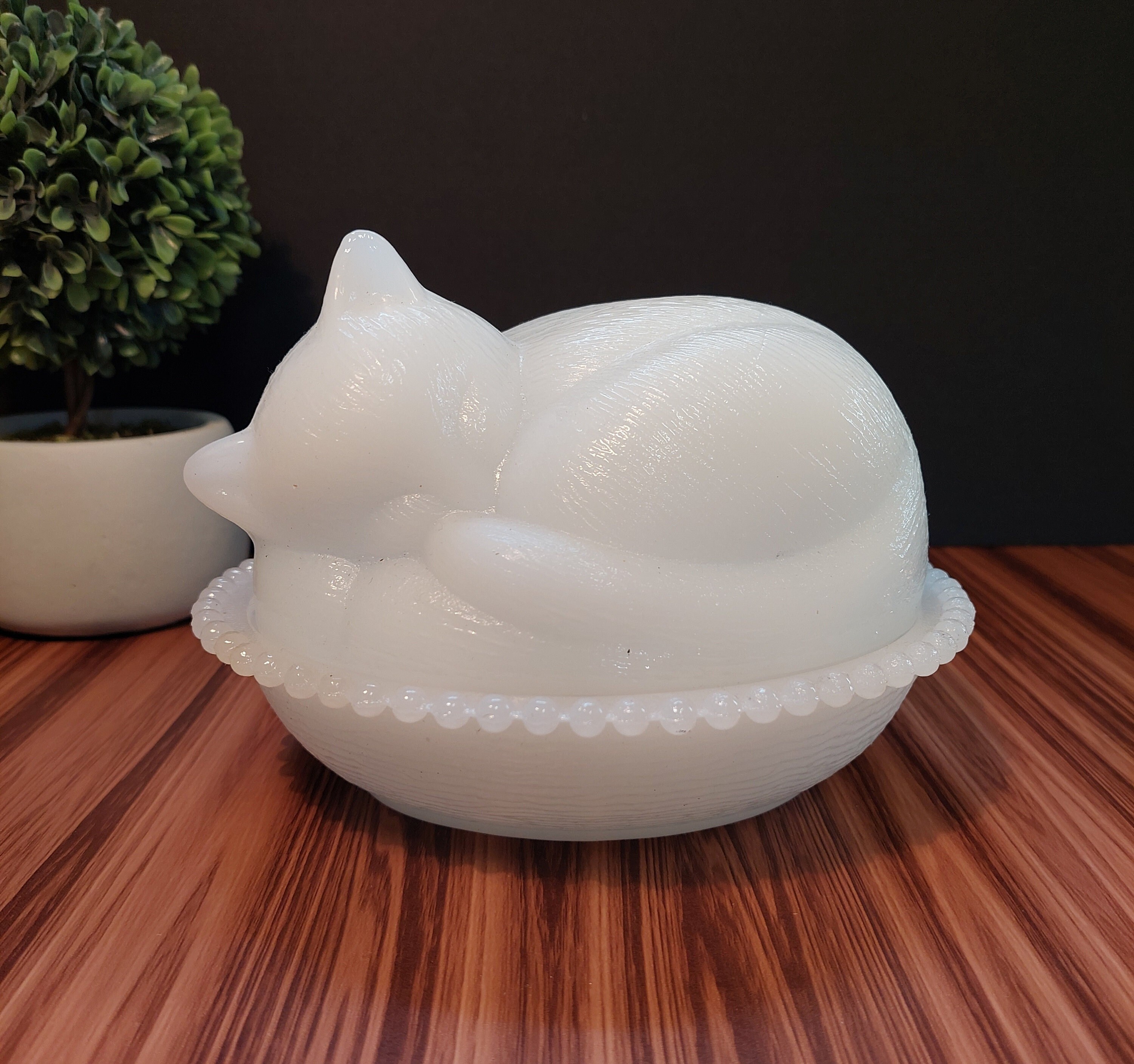 White Milk Glass Sleeping Cat Kitten Basket Candy Dish With - Etsy