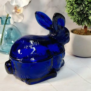 Cobalt Blue Glass Bunny Rabbit Candy Dish With Lid, Vintage Farmhouse ...