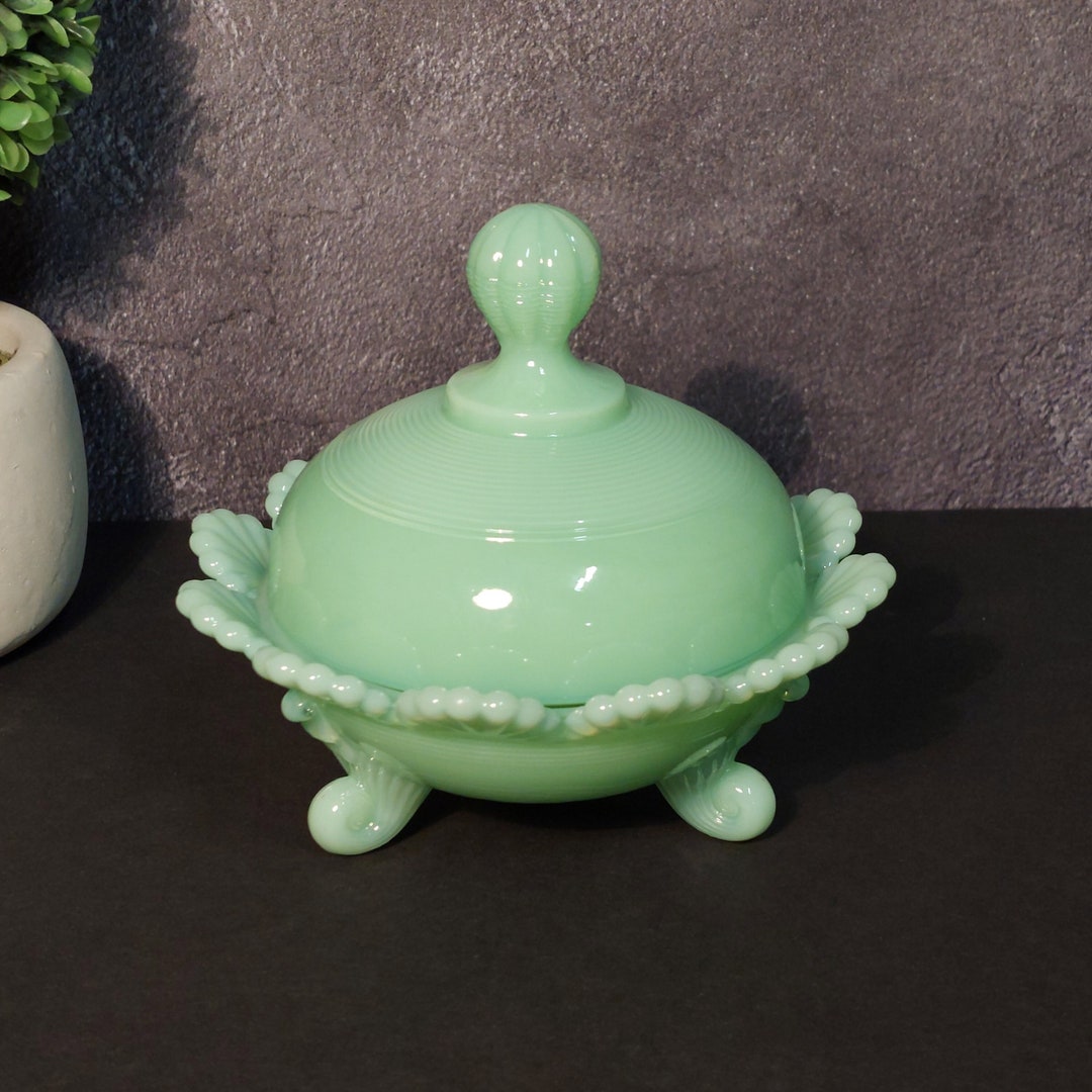 Jadeite Green Depression Style Glass Covered Candy Dish, 3 Footed ...