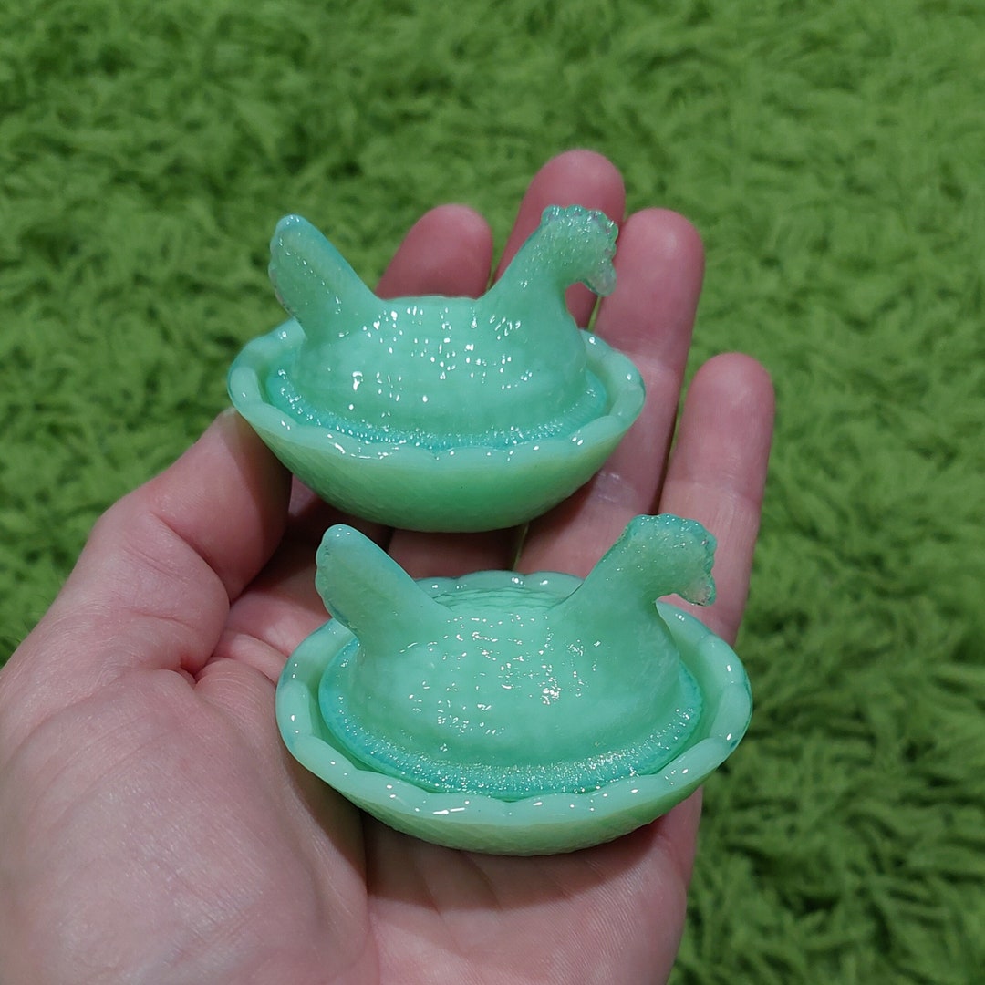 Green Jadeite Glass Hen on Nest Chicken Salt Cellar Dishes, Vintage ...