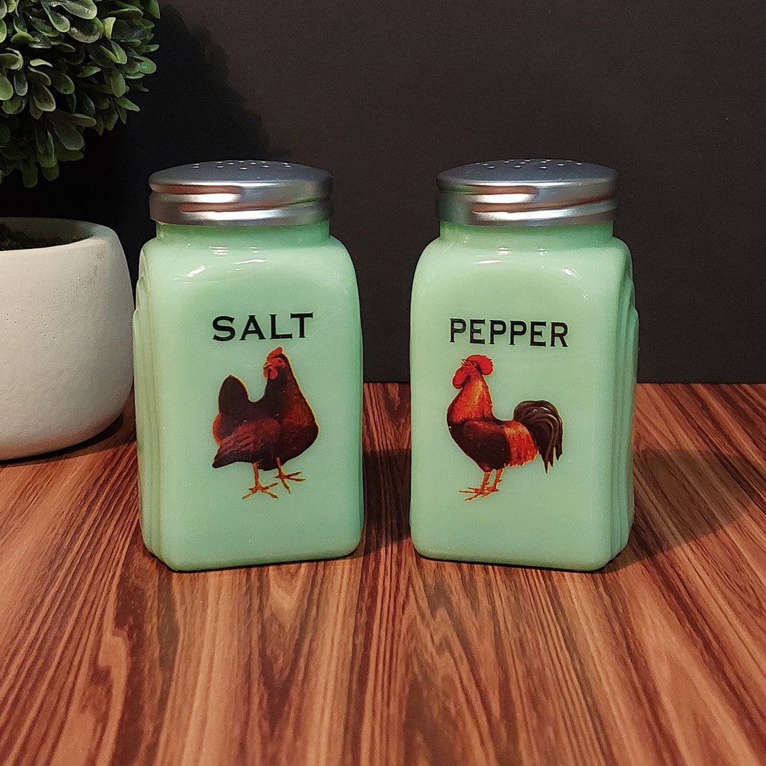 Jadeite Depression Style Glass Hen and Rooster Salt & Pepper Shaker Set ...