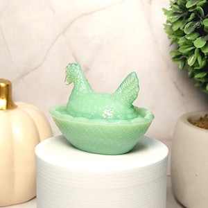 Jadeite Glass Hen on Nest Chicken Salt Cellar Dip Dish - Vintage Style ...