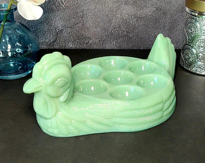 Jadeite Depression Style Glass Rooster Chicken Deviled Egg Plate Dish ...