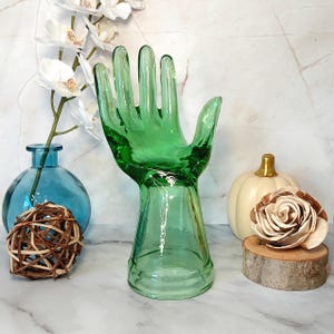 Green Depression Style Glass Hand Jewelry Ring Holder - Vintage, Art ...