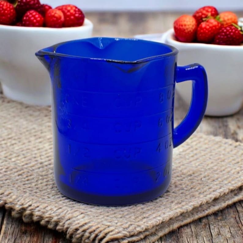 Cobalt Blue Glass Measuring Cup W/ Spouts and Markers - Depression ...