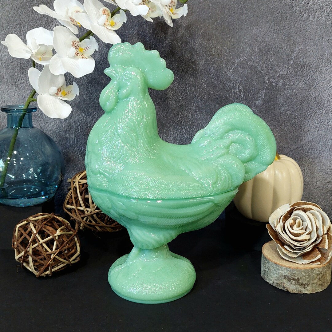 Jadeite Depression Style Glass Rooster Chicken Covered Candy Dish With ...