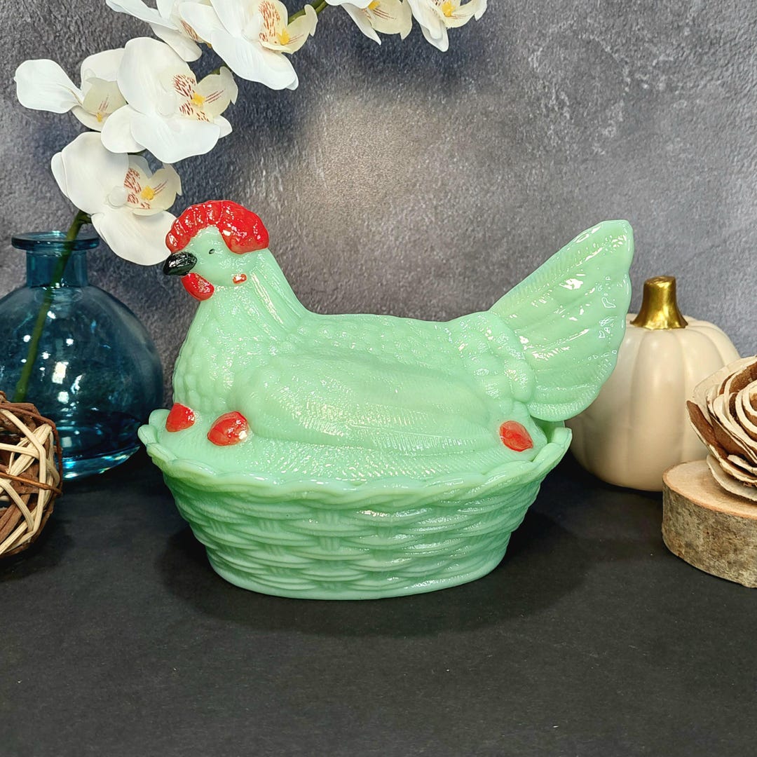 Chicken Hen on Nest Candy Dish Bowl, Green Jadeite Depression Style ...