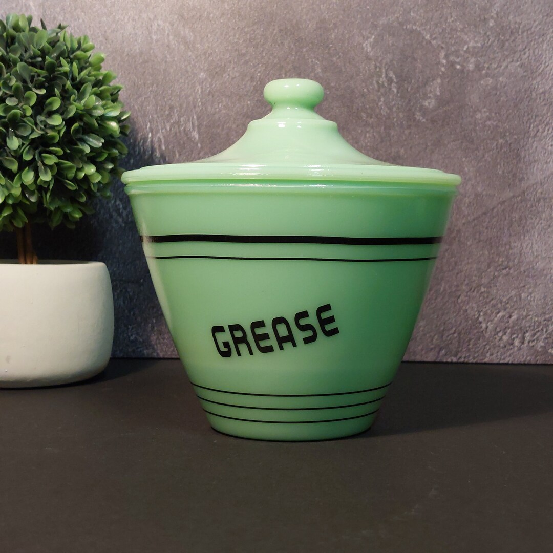 Jadeite Green Depression Style Glass Grease Jar With Lid, Black Band ...
