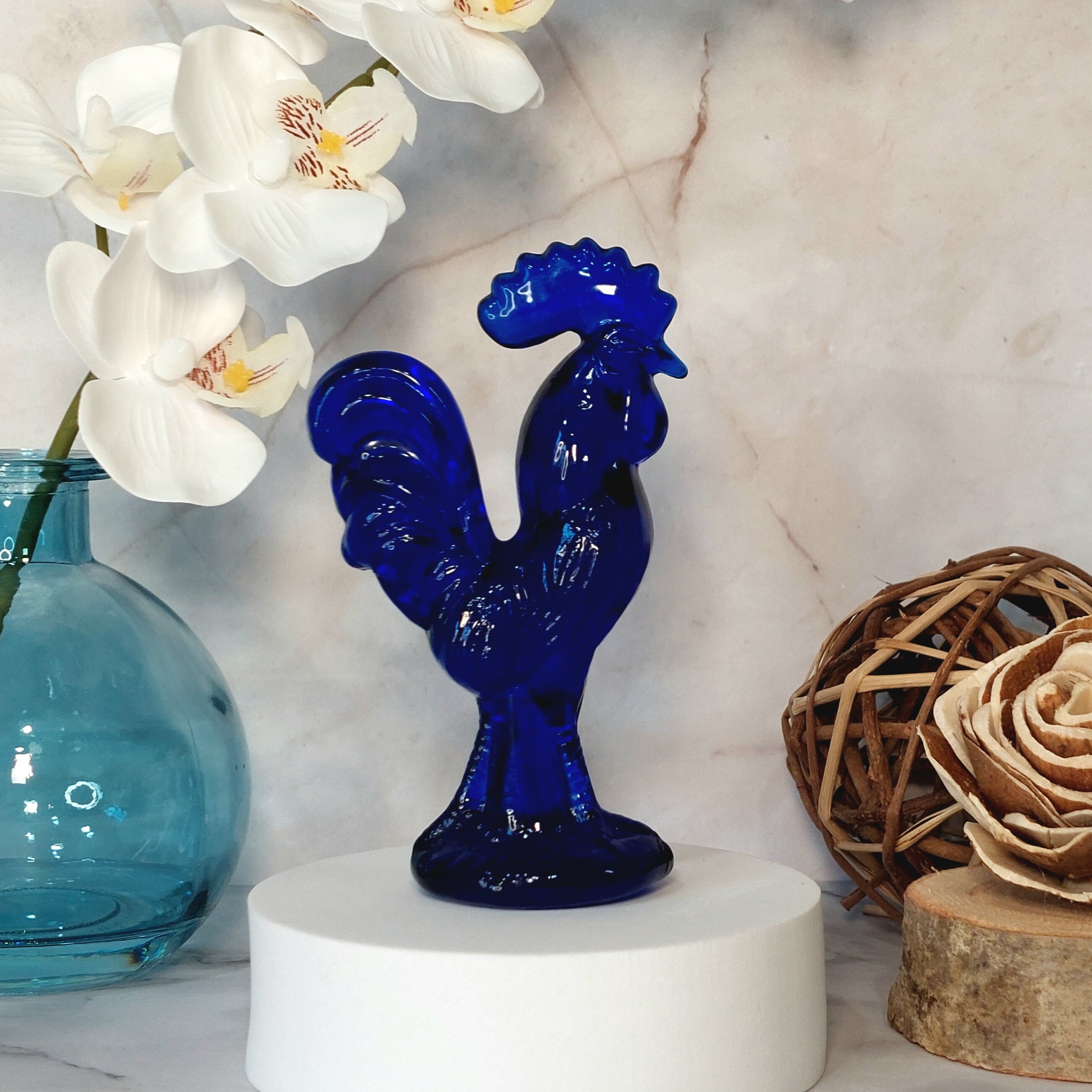 Cobalt Blue Depression Style Glass Rooster Chicken Figurine, Vintage ...