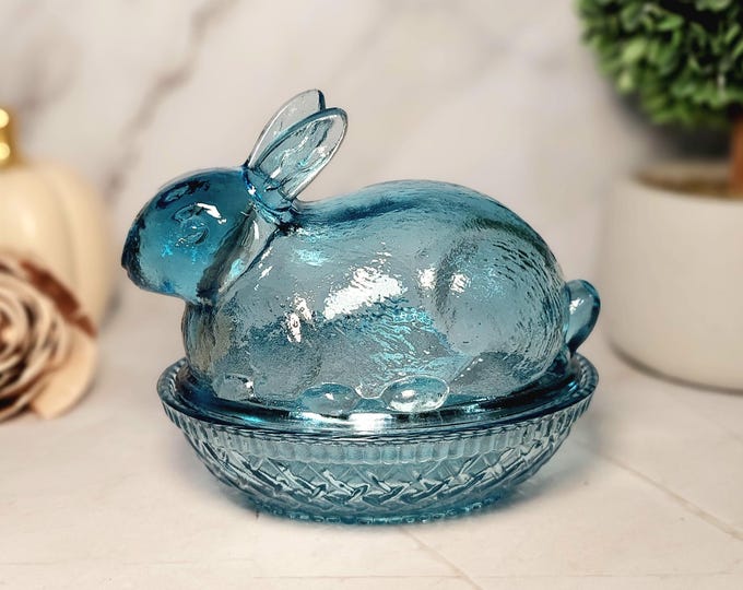 Blue Vaseline Uranium Style Glowing Glass Rabbit on Nest Covered Candy ...