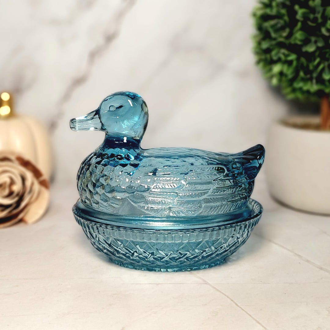 Blue Vaseline Uranium Style Glowing Glass Duck on Nest Covered Candy ...