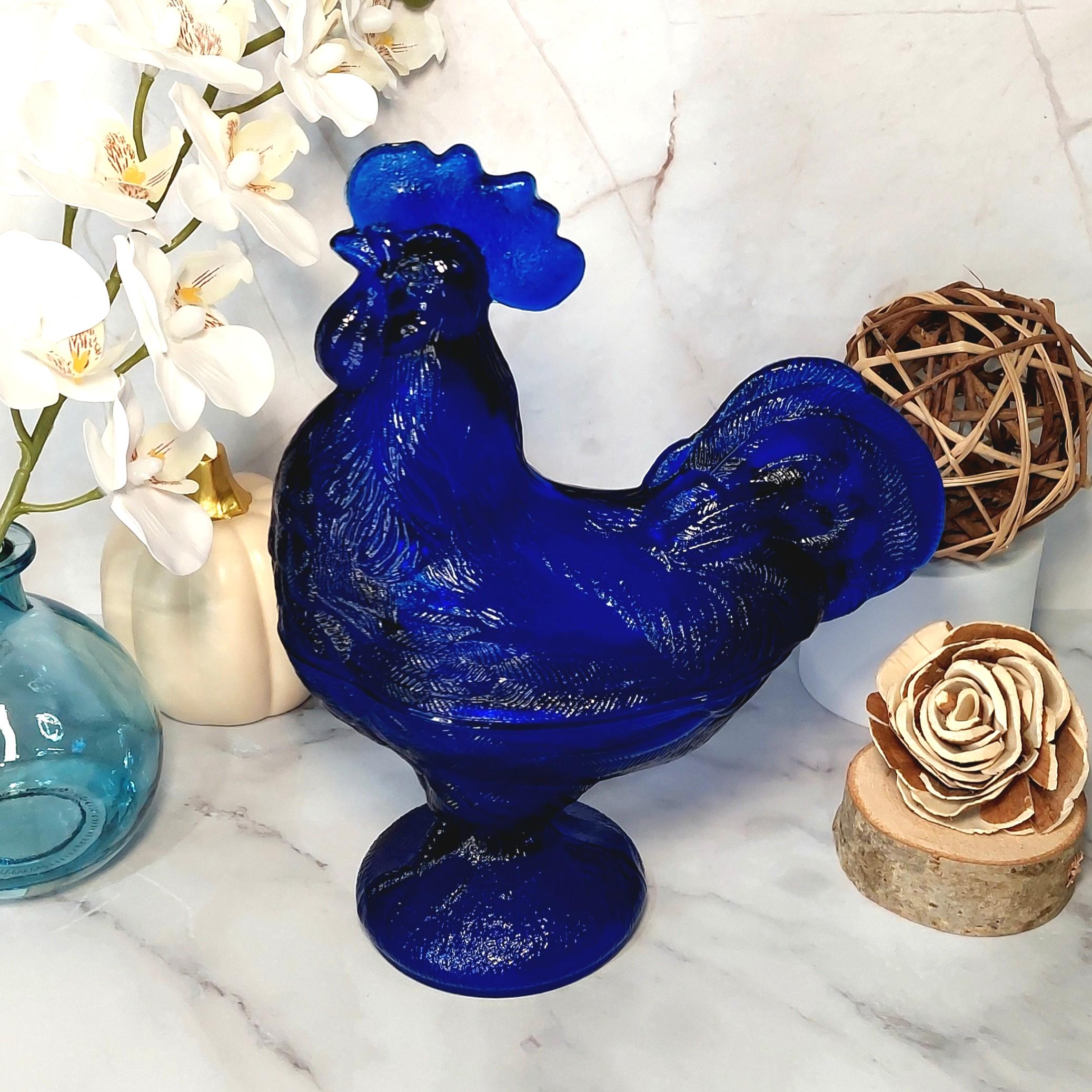 Cobalt Blue Depression Style Glass Rooster Chicken Covered Candy Dish ...