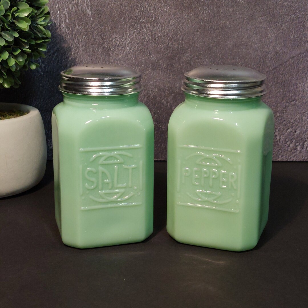 Jadeite Green Glass Salt & Pepper Shaker Set, LRG Depression Style ...