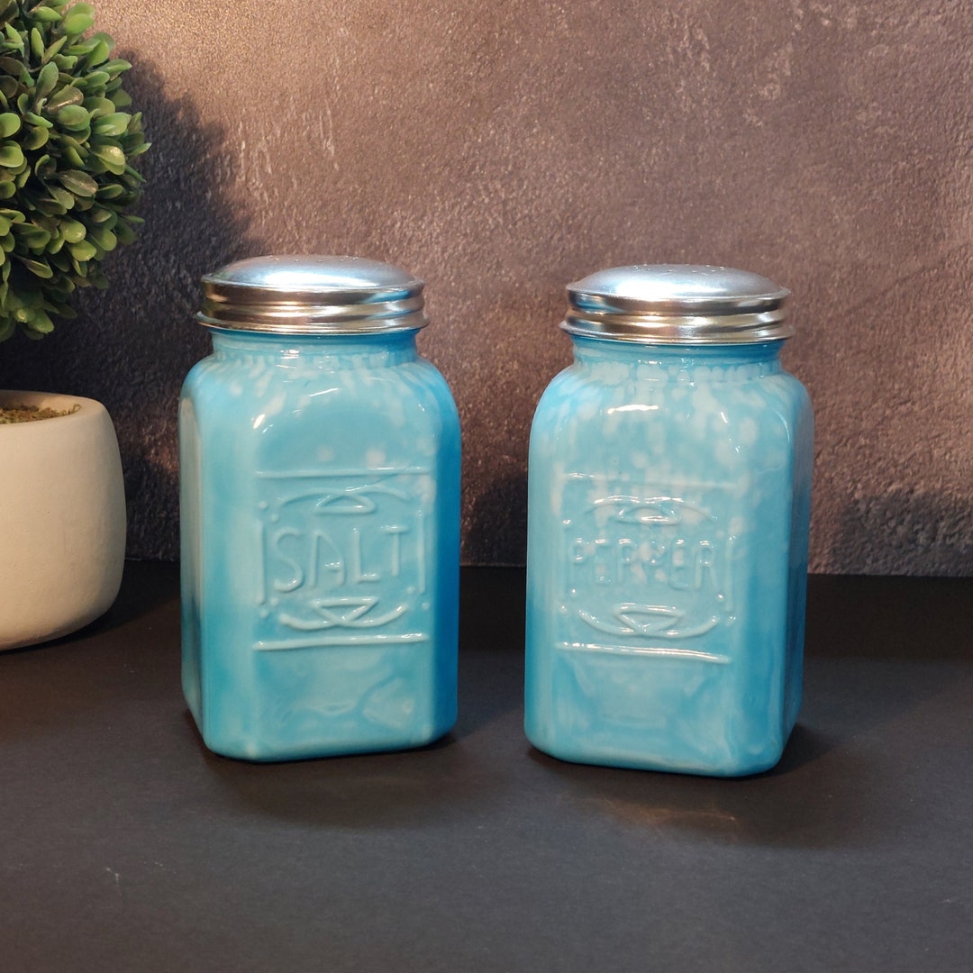 Blue Depression Style Milk Glass Salt and Pepper Shakers Vintage ...