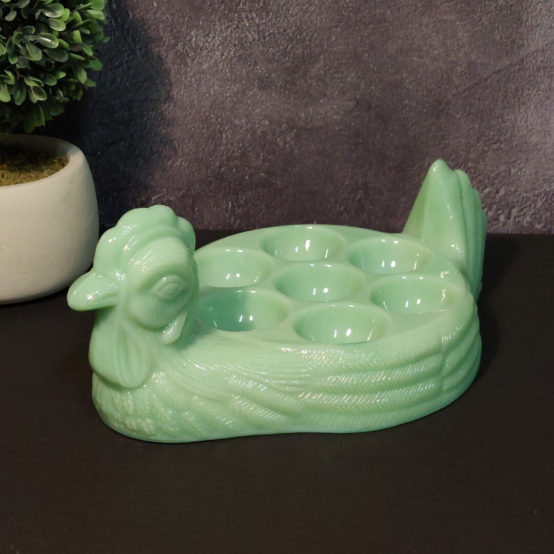 Jadeite Depression Style Glass Rooster Chicken Deviled Egg Plate Dish ...