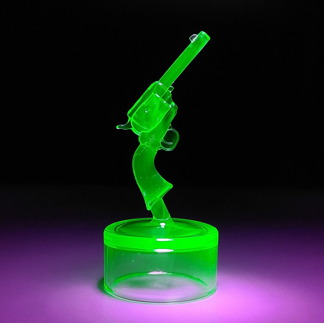 Green Vaseline Glass Uranium Glass Colt Revolver Pistol on Font Vintage ...