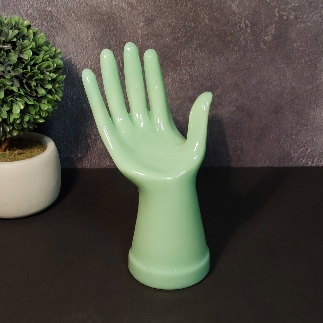 Jadeite Depression Style Glass Hand Jewelry Ring Holder Vintage, Art ...