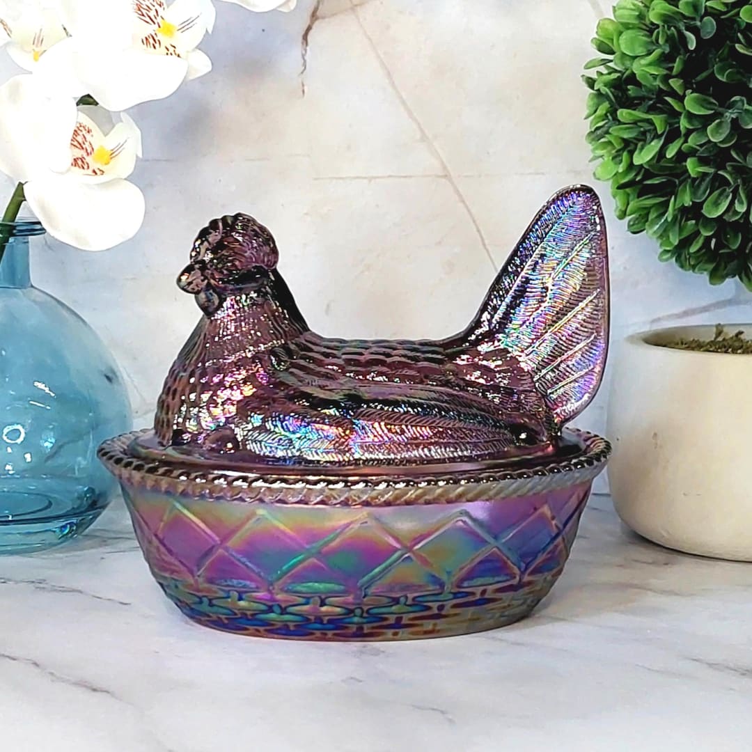 Carnival Glass Depression Style Chicken Hen on Nest Candy Dish, Wine ...