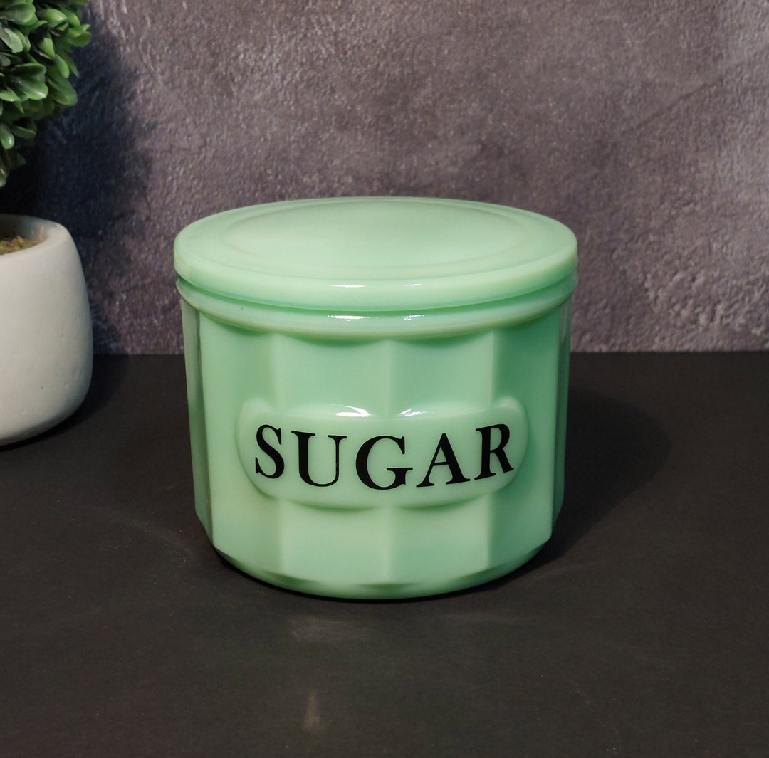 Jadeite Green Depression Style Glass Sugar Bowl Crock Container Vintage ...