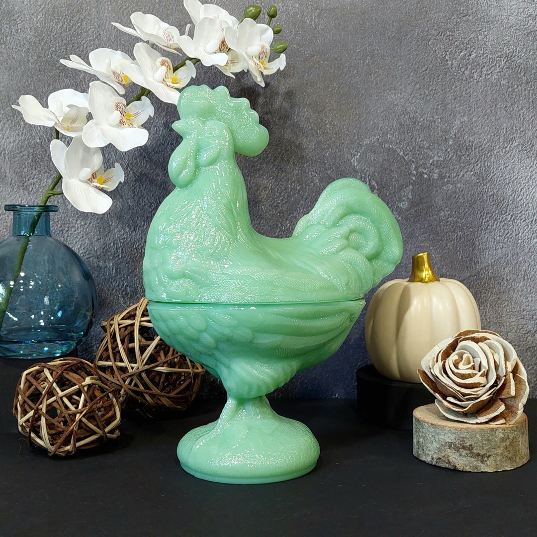 Jadeite Depression Style Glass Rooster Chicken Covered Candy Dish With ...